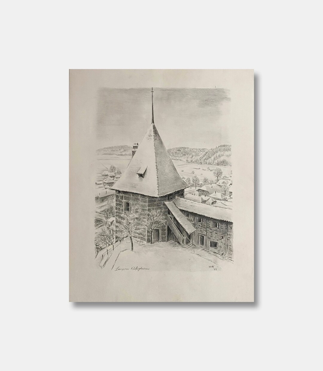 Vintage Castle Graphic: 1966 Graphite Landscape Drawing (H 20 X W 15 ...