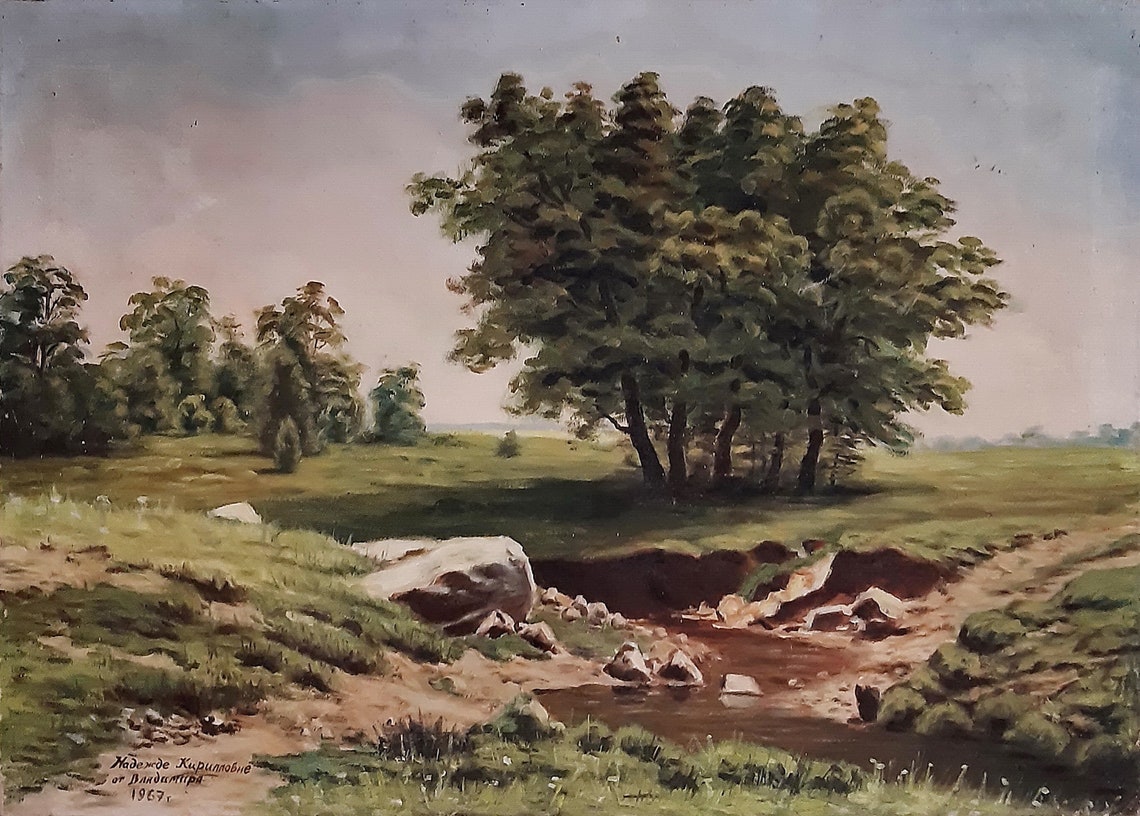 Antike Landschaft Großes Ölgemälde Vintage Natur Wandkunst Teich Fluss ...