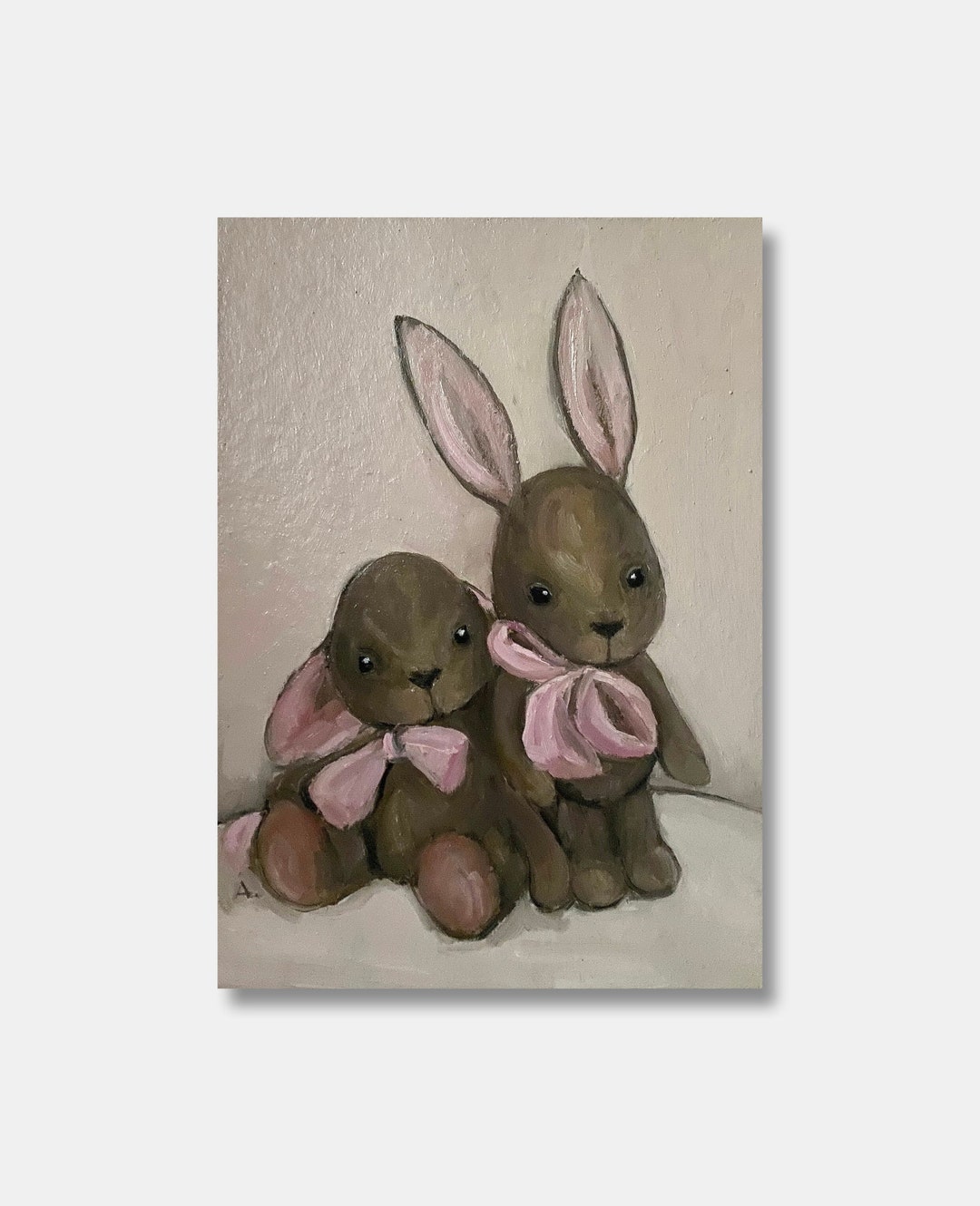 Cute Rabbits Original Oil Painting Pair Animals Wall Art Two Bunnies ...