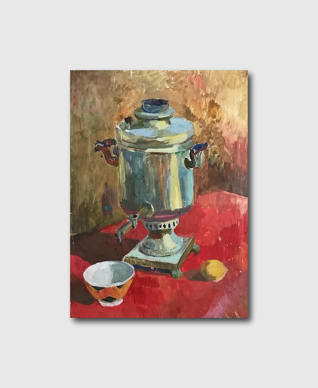 Vintage Large Original Painting Samovar Wall Hanging Still Life Red Art ...