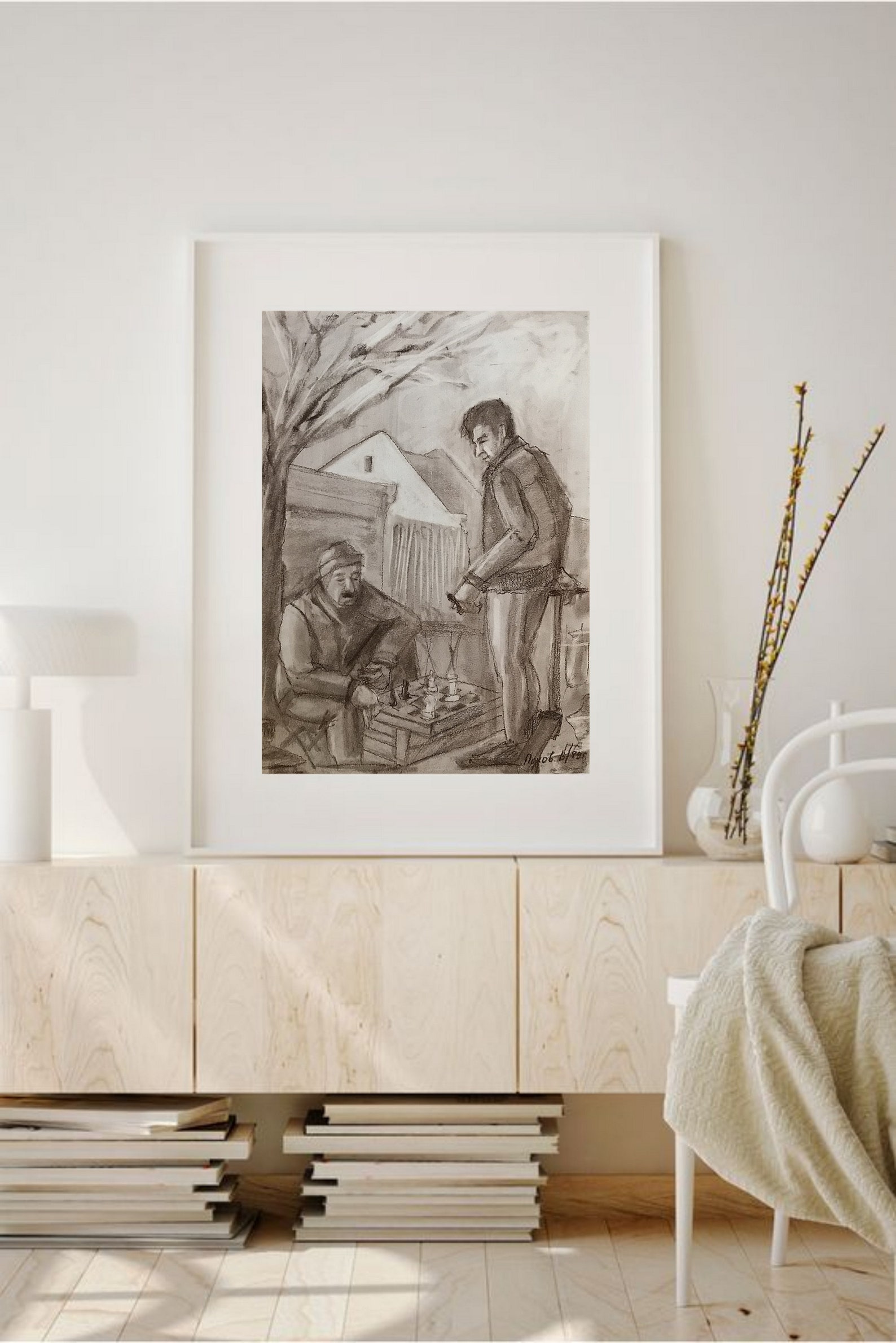 Vintage People Original Drawing Men Wall Art Friends Playing Chess ...