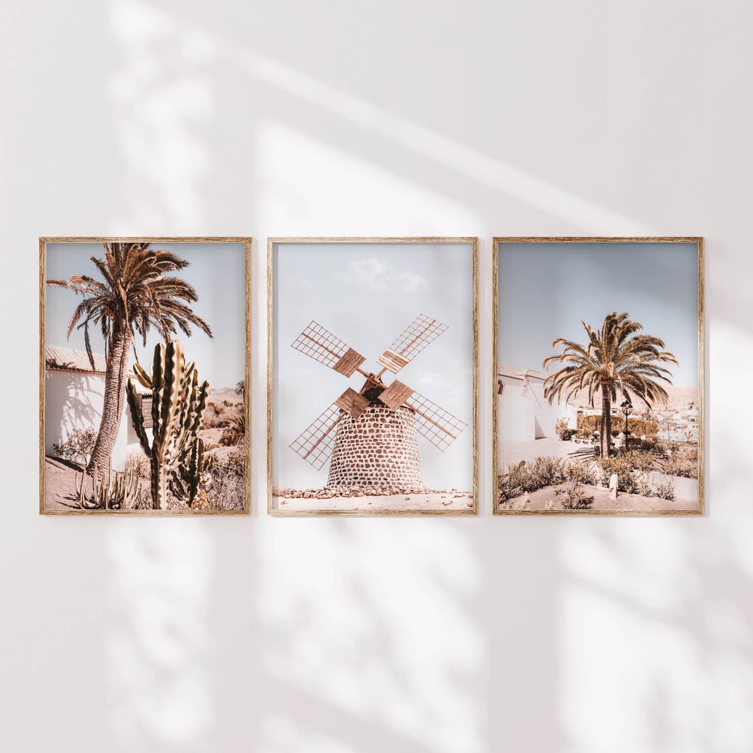 Spanish Windmill and Palm Tree Triptych, Mediterranean Wall Art Set ...