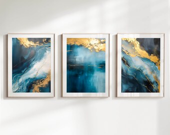 Blue Pastel Wall Art Set of 3 Prints, Blue Oil Paint, Home Decor ...
