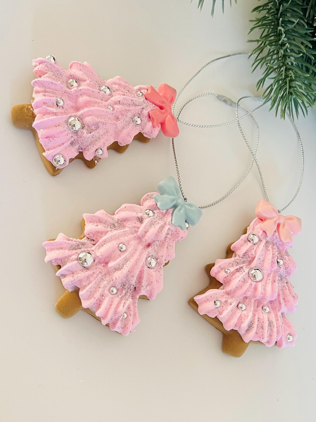 Handmade Pink Silver Cookie Clay Christmas Tree Decoration, Christmas ...