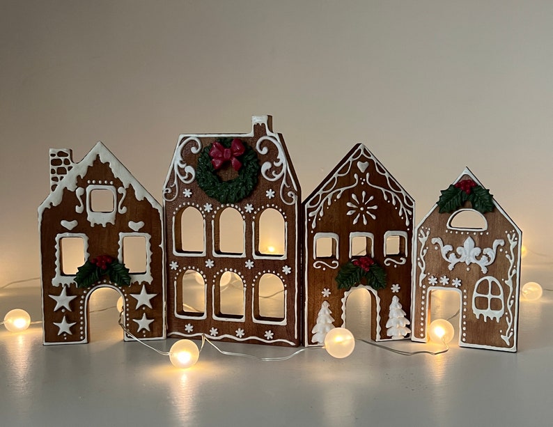 Hand-painted Wooden Gingerbread Village Houses - Set of 4 Christmas ...