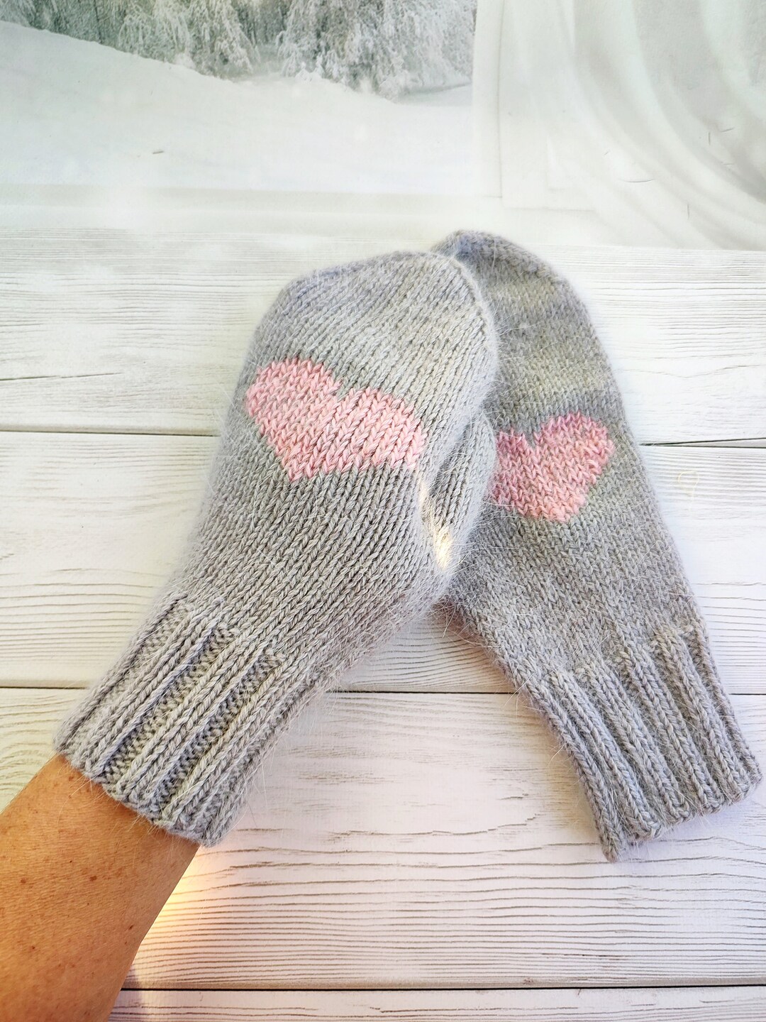 Mittens for Women With Fluffy Yarn Pink Heart - Etsy
