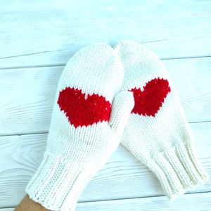 Knitted White Mittens for Women With Embroidered Red Heart - Etsy