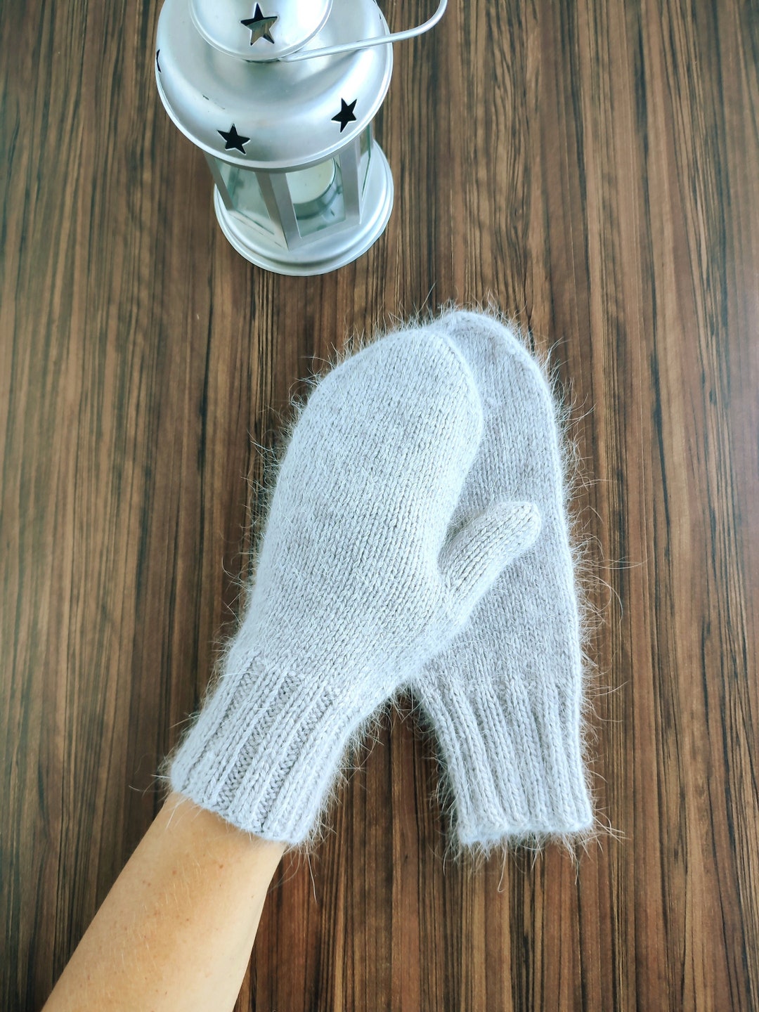 Gray Knitted Angora Rabbit Mittens - Etsy