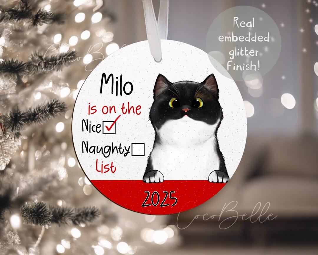 Personalised Nice / Naughty List Cat Bauble, Any Colour Cartoon Digital ...
