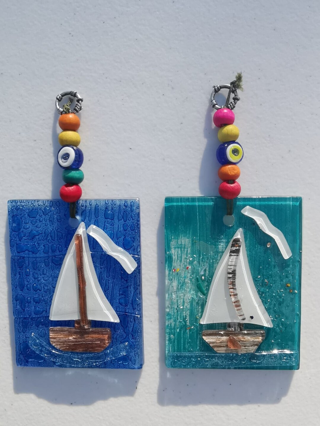 Handmade Fused Glass Sail Wall Hanging | Blue Water Sail | Evil Eye ...