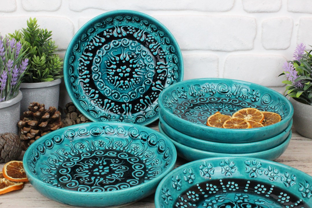 8 '' Turkish Turquoise Handmade Ceramic Casserole Dinner Plates Serving ...