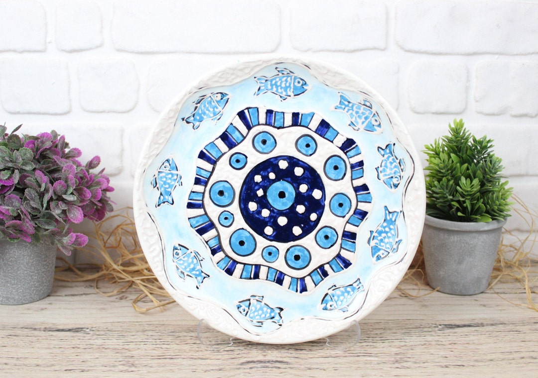 10'' Turkish Iznik Tile Ceramic Plate Set of 2 Evil-eyes Hand Painted ...