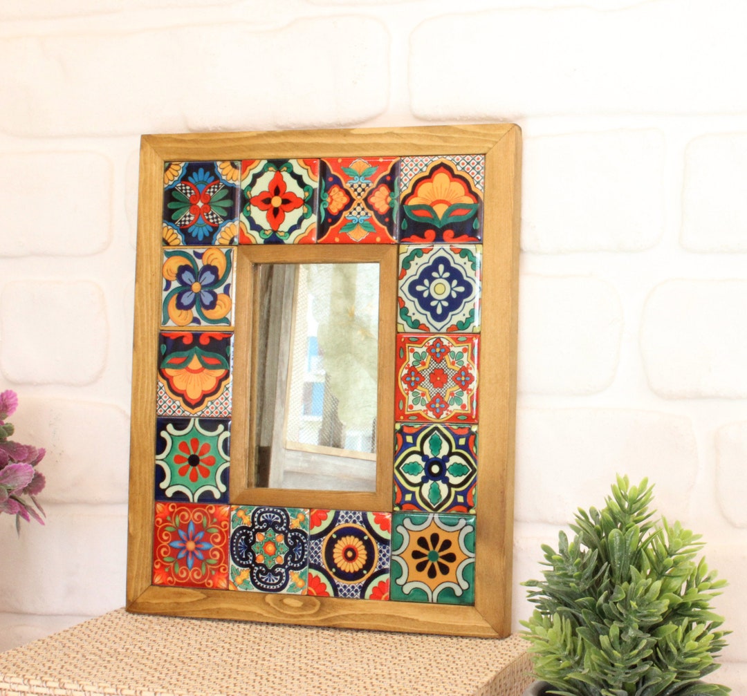 Handmade Wall Hanging Ceramic Tile Mirror, Mexican Tile Mirror, Natural ...