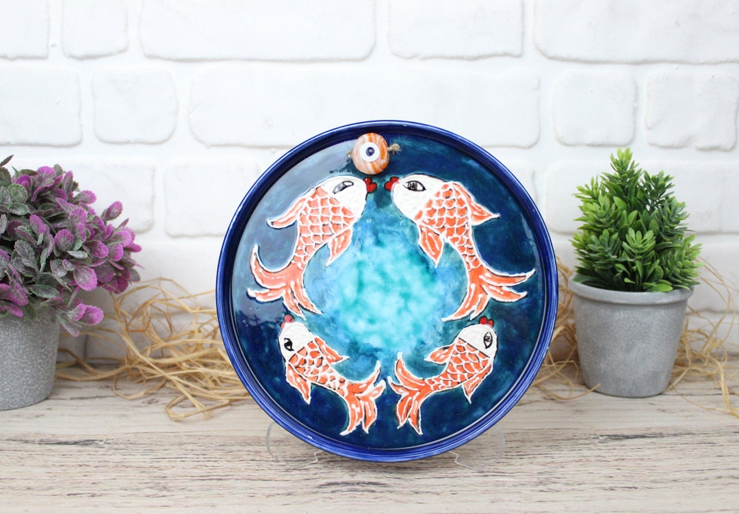 8.4'' Turkish Iznik Tile Ceramic Plate Set - Fish Painting - Wall ...