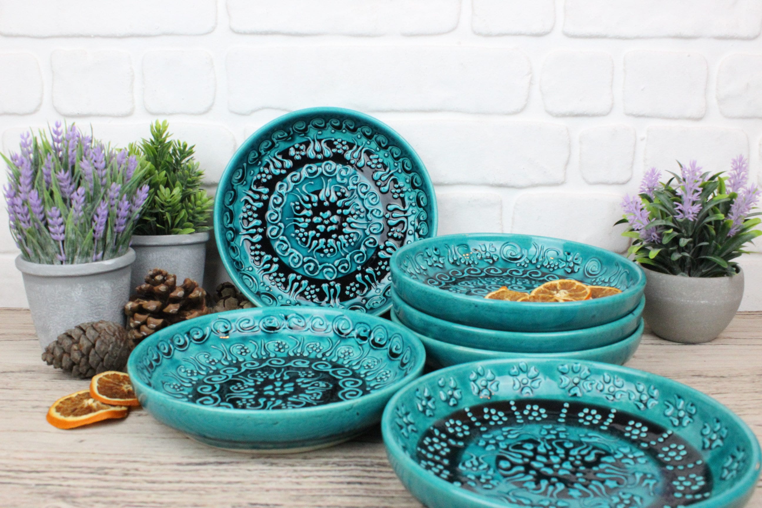 8 '' Turkish Turquoise Handmade Ceramic Casserole Dinner Plates Serving ...