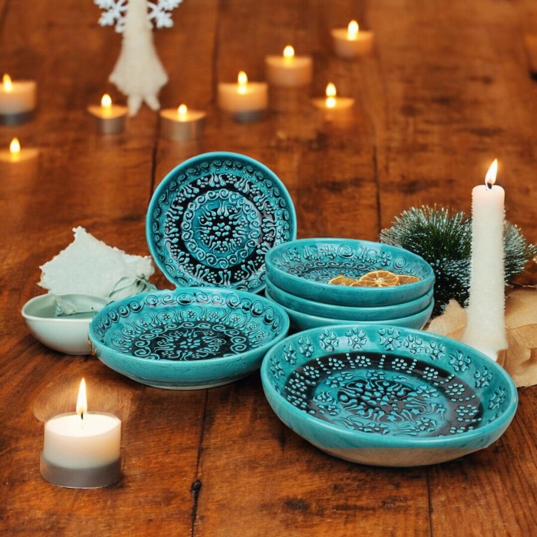 8 '' Turkish Turquoise Handmade Ceramic Casserole Dinner Plates Serving ...