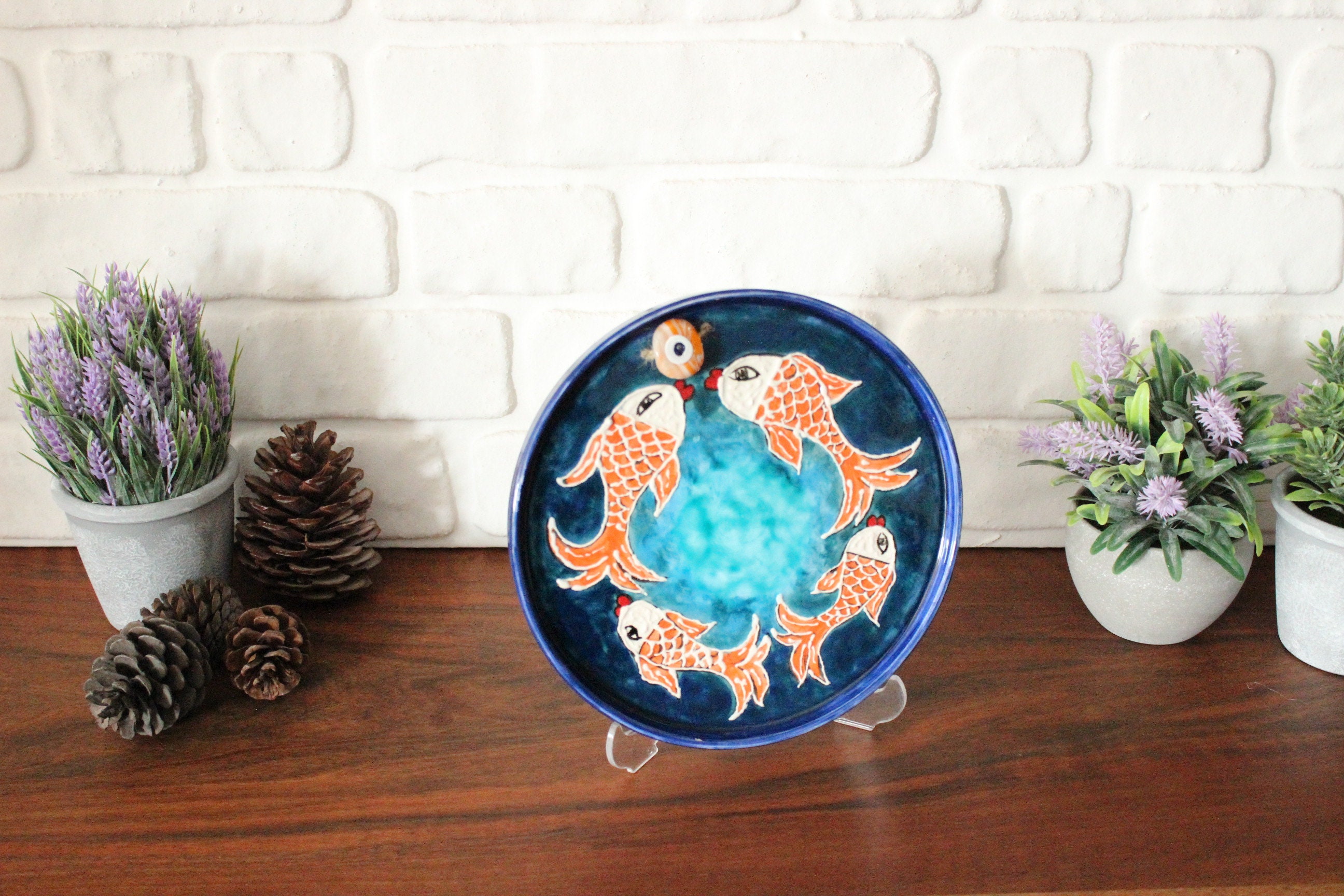 8.4'' Turkish Iznik Tile Ceramic Plate Set Fish Painting Wall Hanging ...