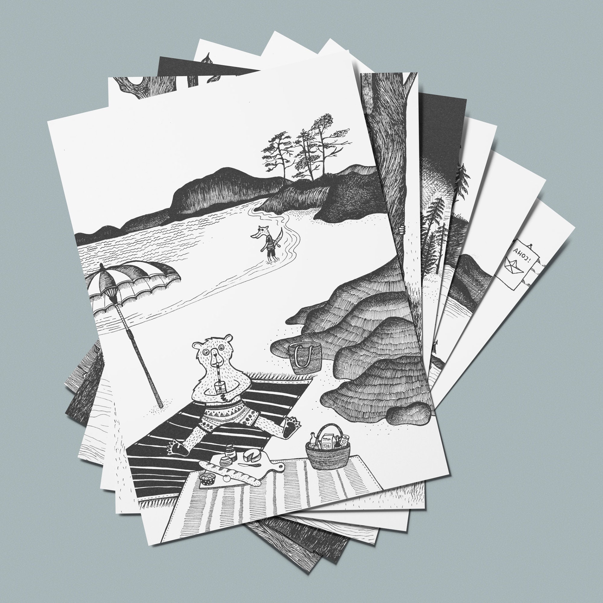 Picnic Postcard Set Fox and Bear Illustration - Etsy UK