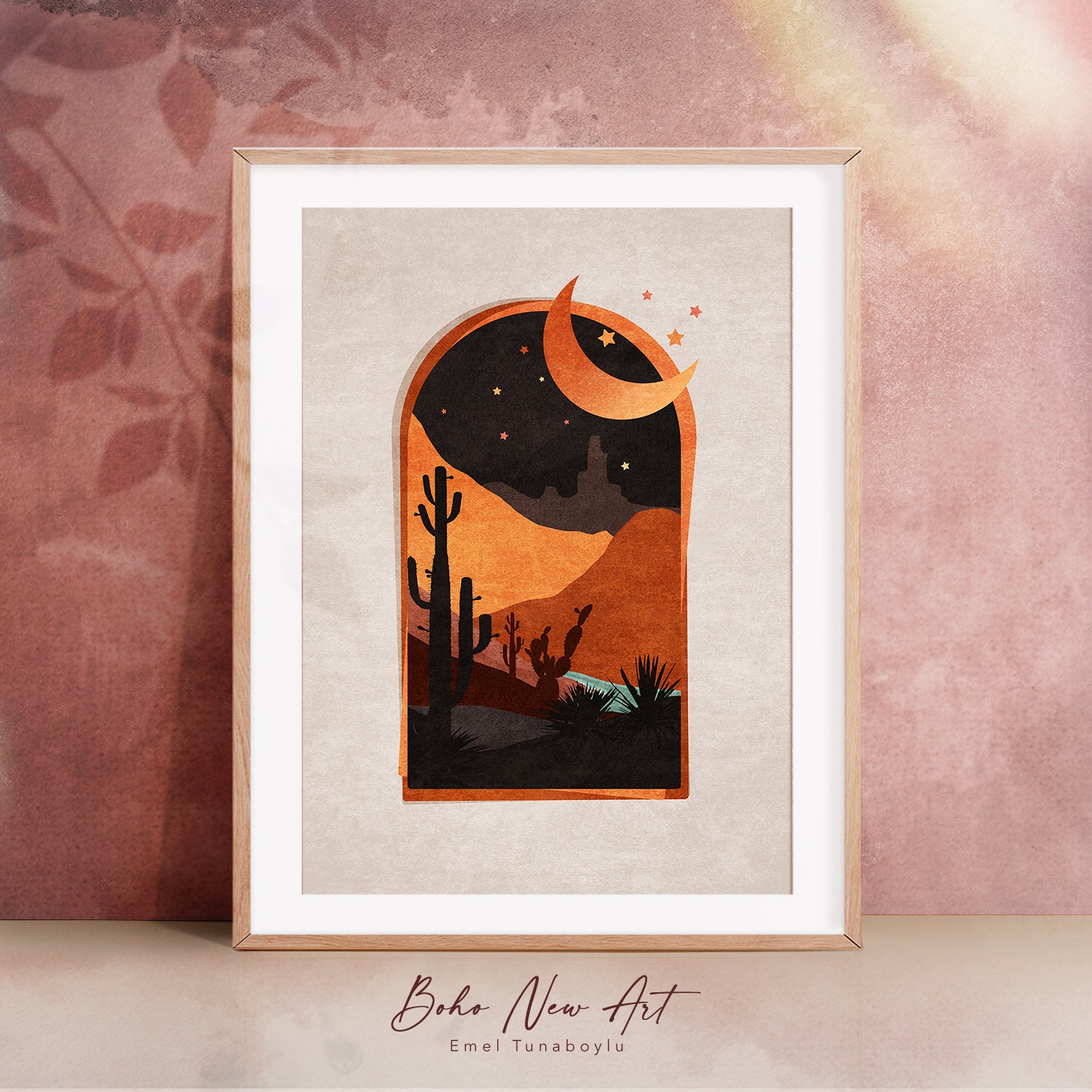 Western Boho Desert Landscape Print. Moon Poster Cactus Wall Art. Mid ...
