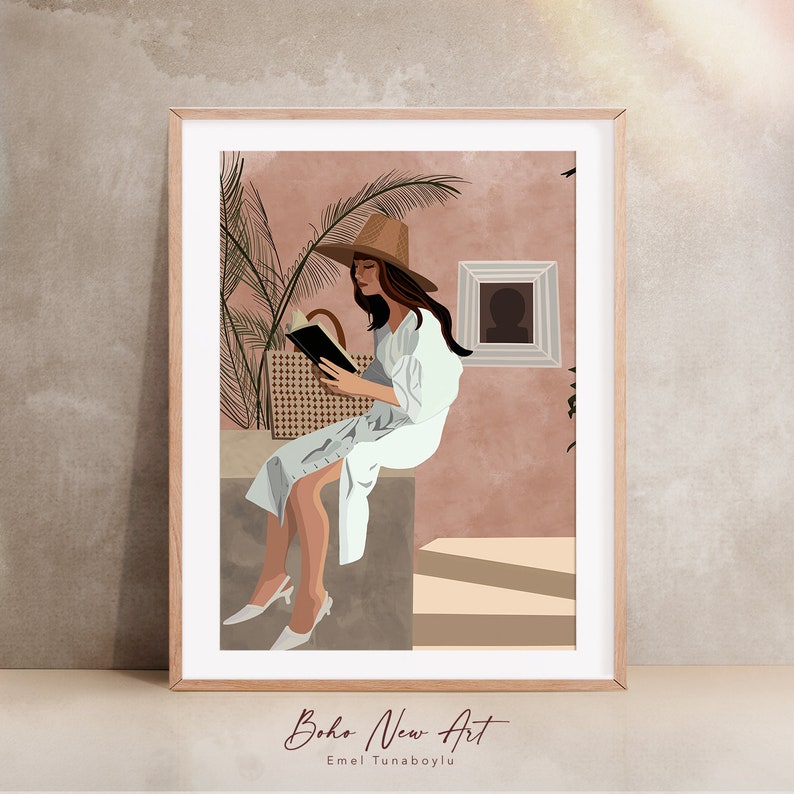 Boho Woman Reading Book Print Art. Modern Woman Poster. Smart Female ...