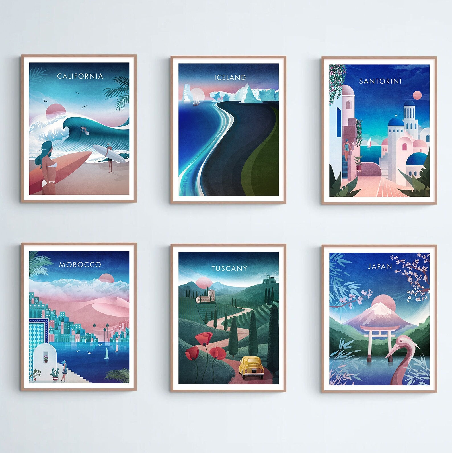 Set of 6 Travel Posters, Illustration Wall Art, Vintage Poster, Living ...