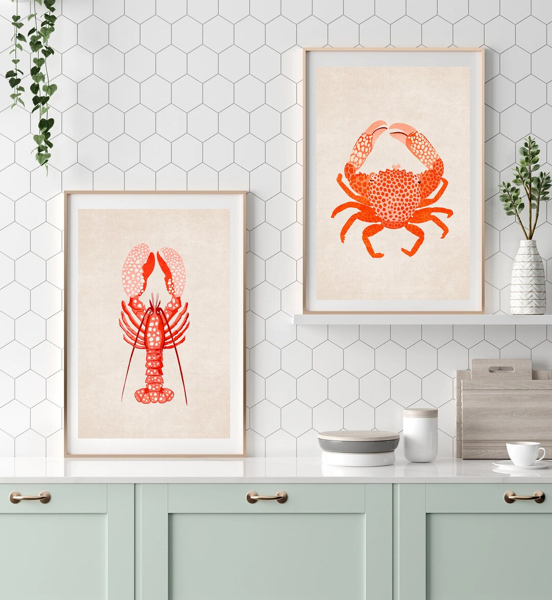 Set of 2 Prints ,red Lobster, Red Crab, Watercolor Art, Nautical ...