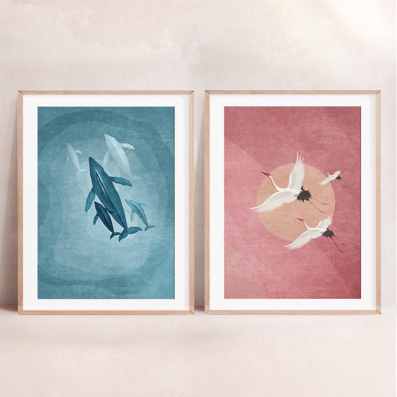 Flying Cranes Pink Sky and Sun Art Print Boho Birds Poster - Etsy