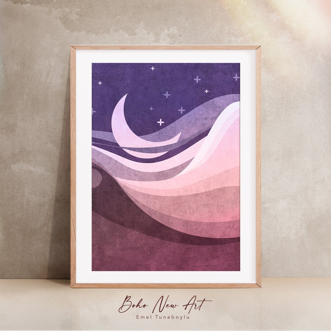 Abstract Night Scene Landscape Poster, Moon Wall Art, Desert Wall Art ...