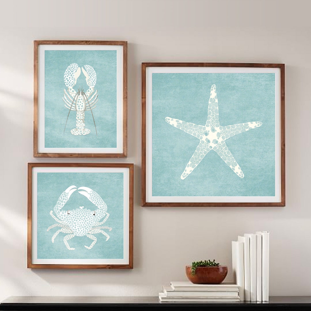 Set of 3 Prints,red Lobster, Crab, Seastar Watercolor Art, Nautical ...