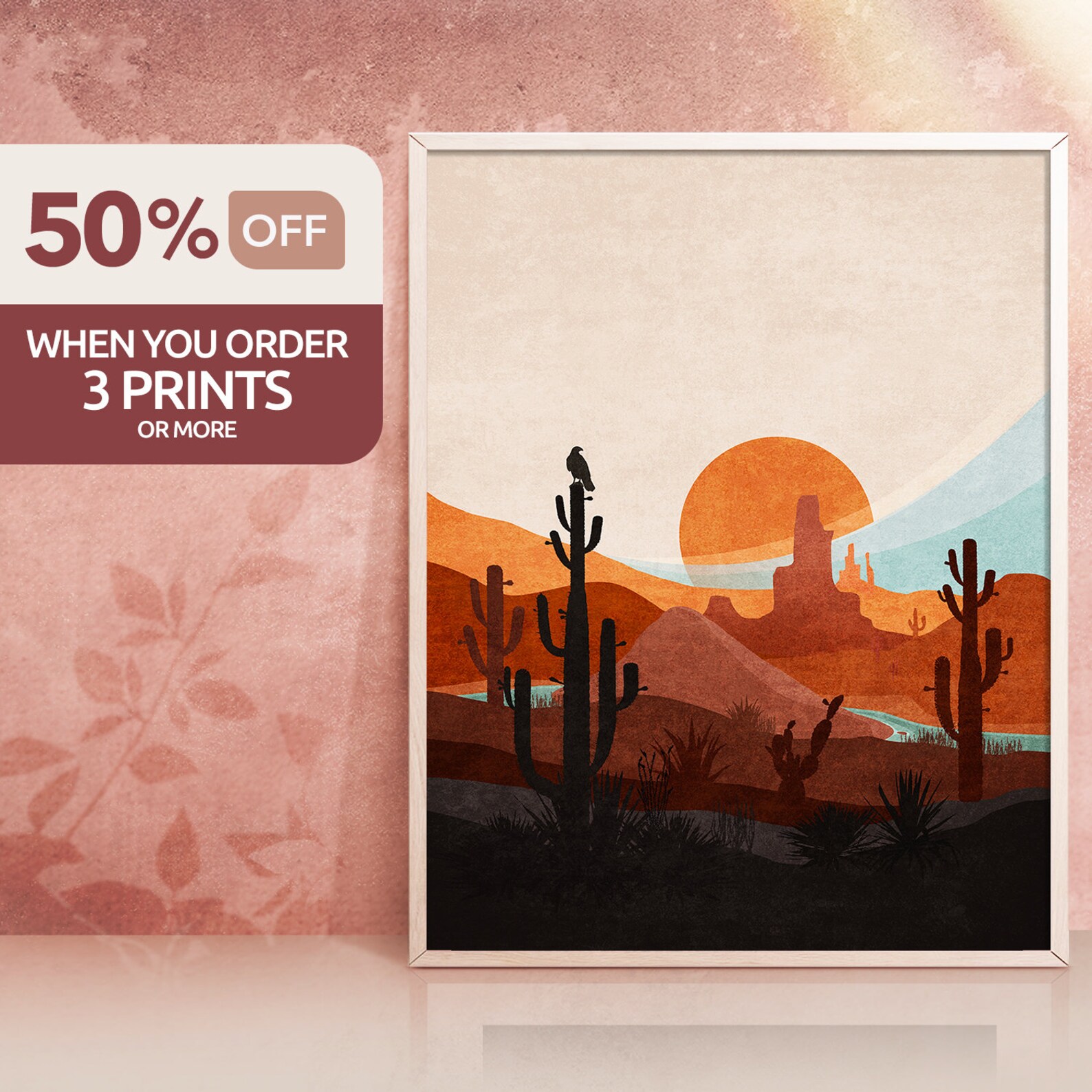 Western Boho Desert Landscape Print. Cactus Wall Art. Mid | Etsy