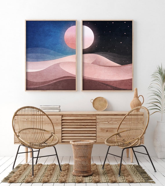 Sun and Moon Boho Art Print Set of 2 Eclectic Poster Digital | Etsy
