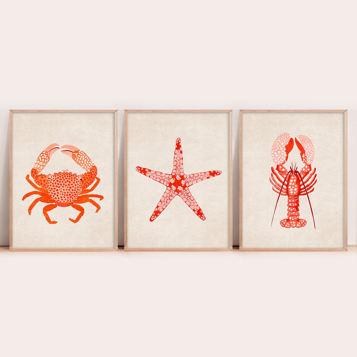 Set of 3 Prints,red Lobster, Crab, Seastar Watercolor Art, Nautical ...