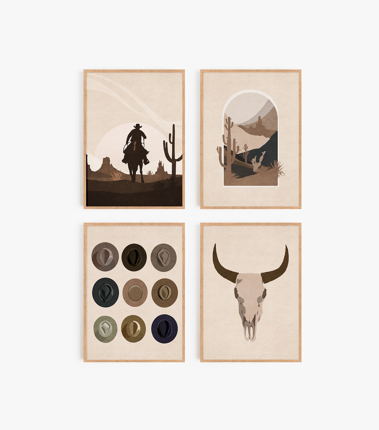Western Boho Landscape, Buffalo Skull Art, Cowboy Hats Print, Western ...