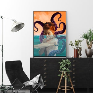 Octopus and Girl in Water Digital Art Printable Poster, Fantasy Art ...