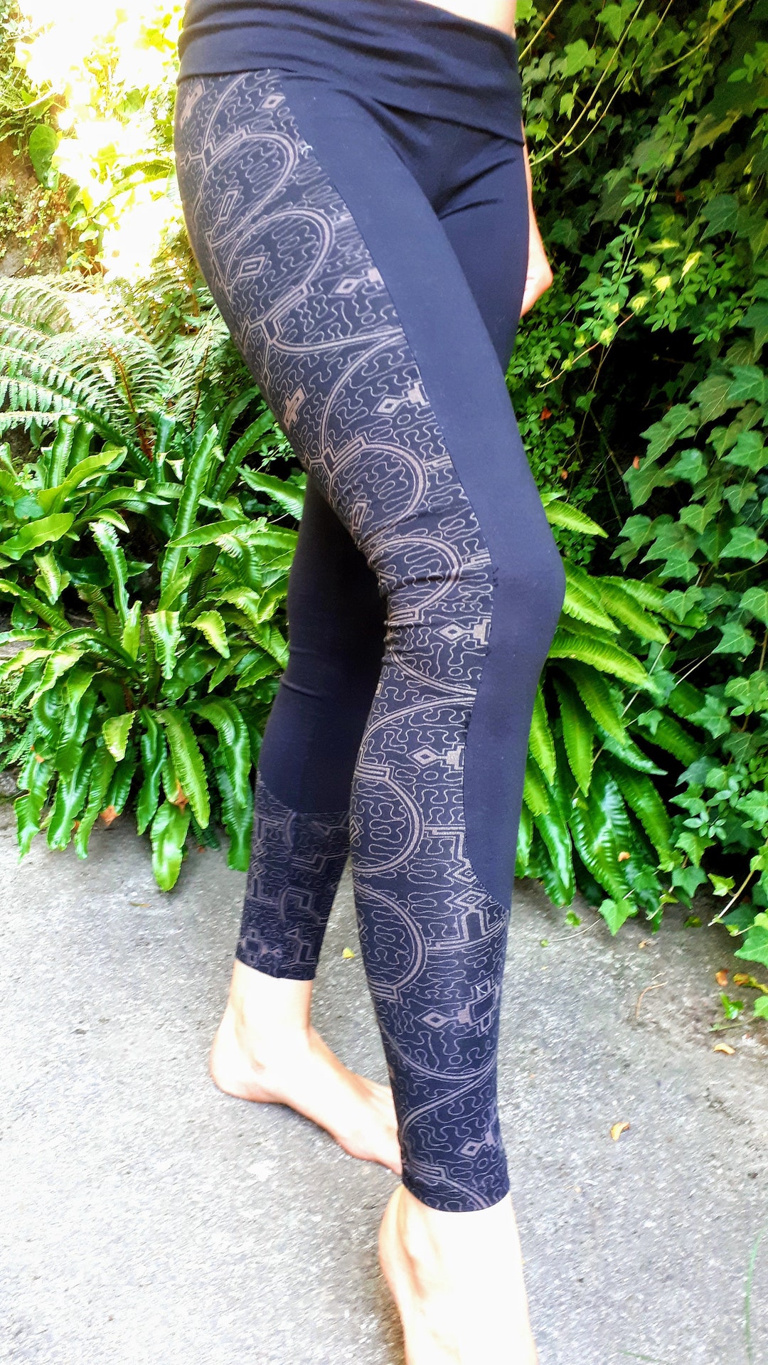 Black Stretch Cotton Leggin With Yuka or Fire Print, Yoga Pants, Tribal ...