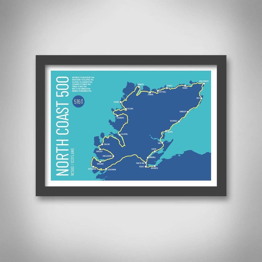 North Coast 500 Print - NC500 Map Poster Gift - North Coast 500 Road Trip - Cycling Scotland ...