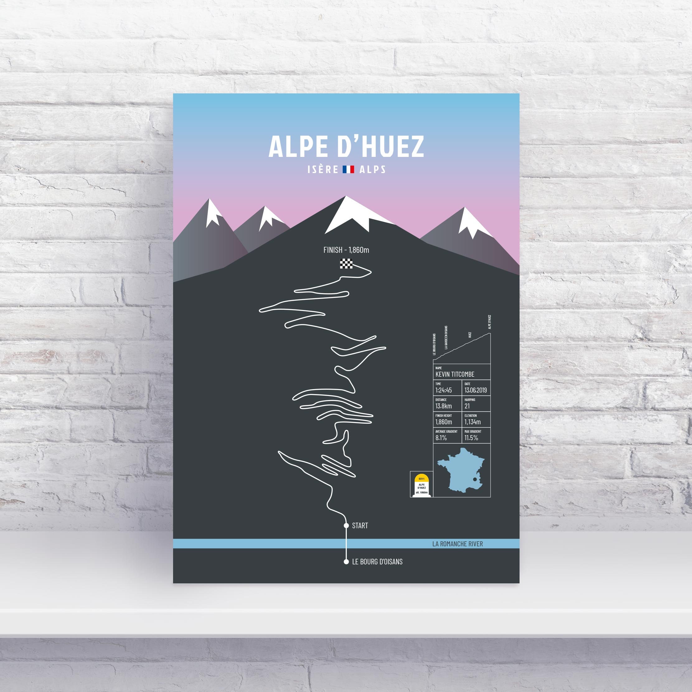 Personalised Alpe D'huez Cycling Print - Tour De France Cycling Climb ...