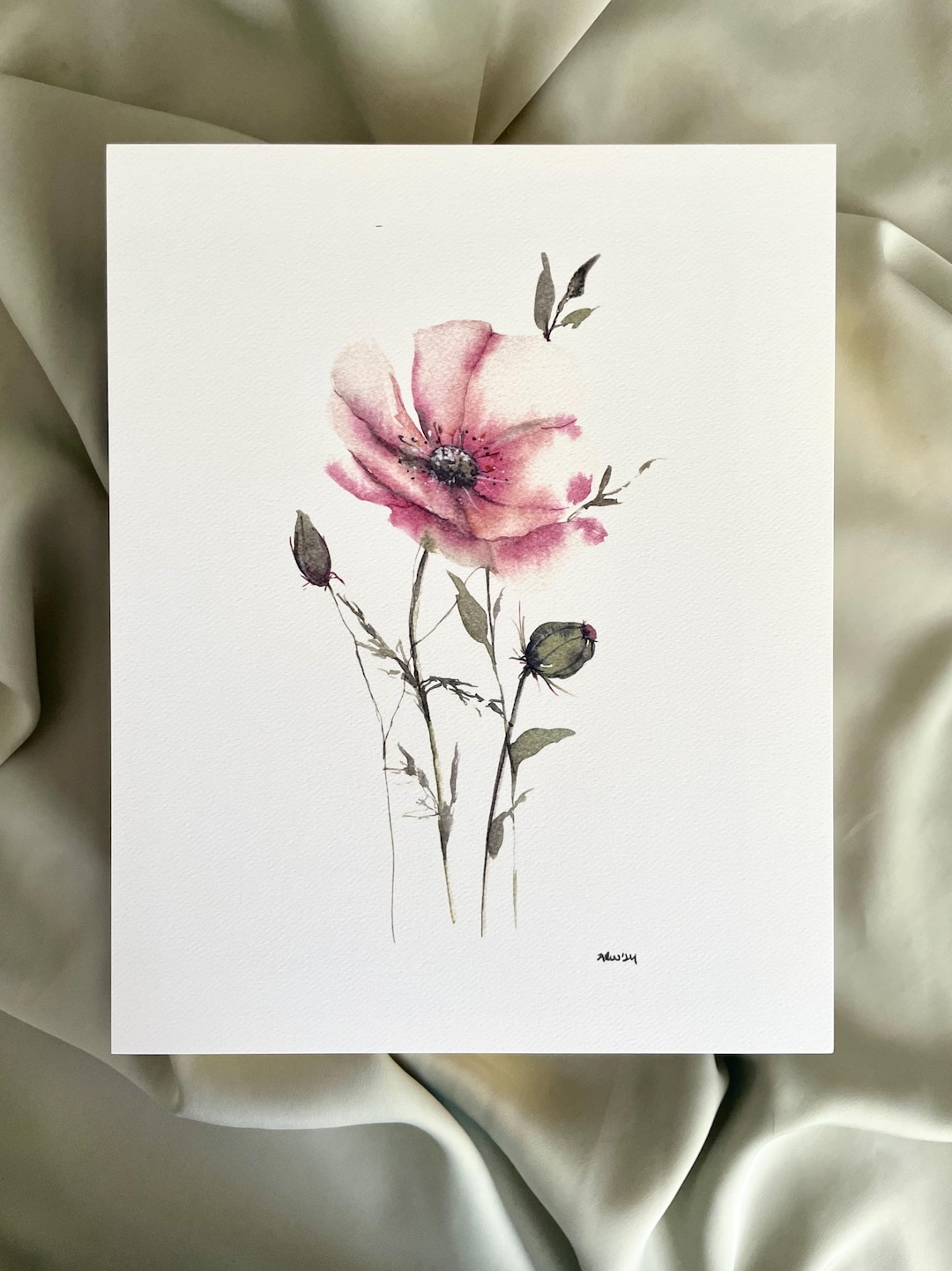 8x10 Watercolor Pink Poppy Art Print Floral Art Illustration Botanical ...