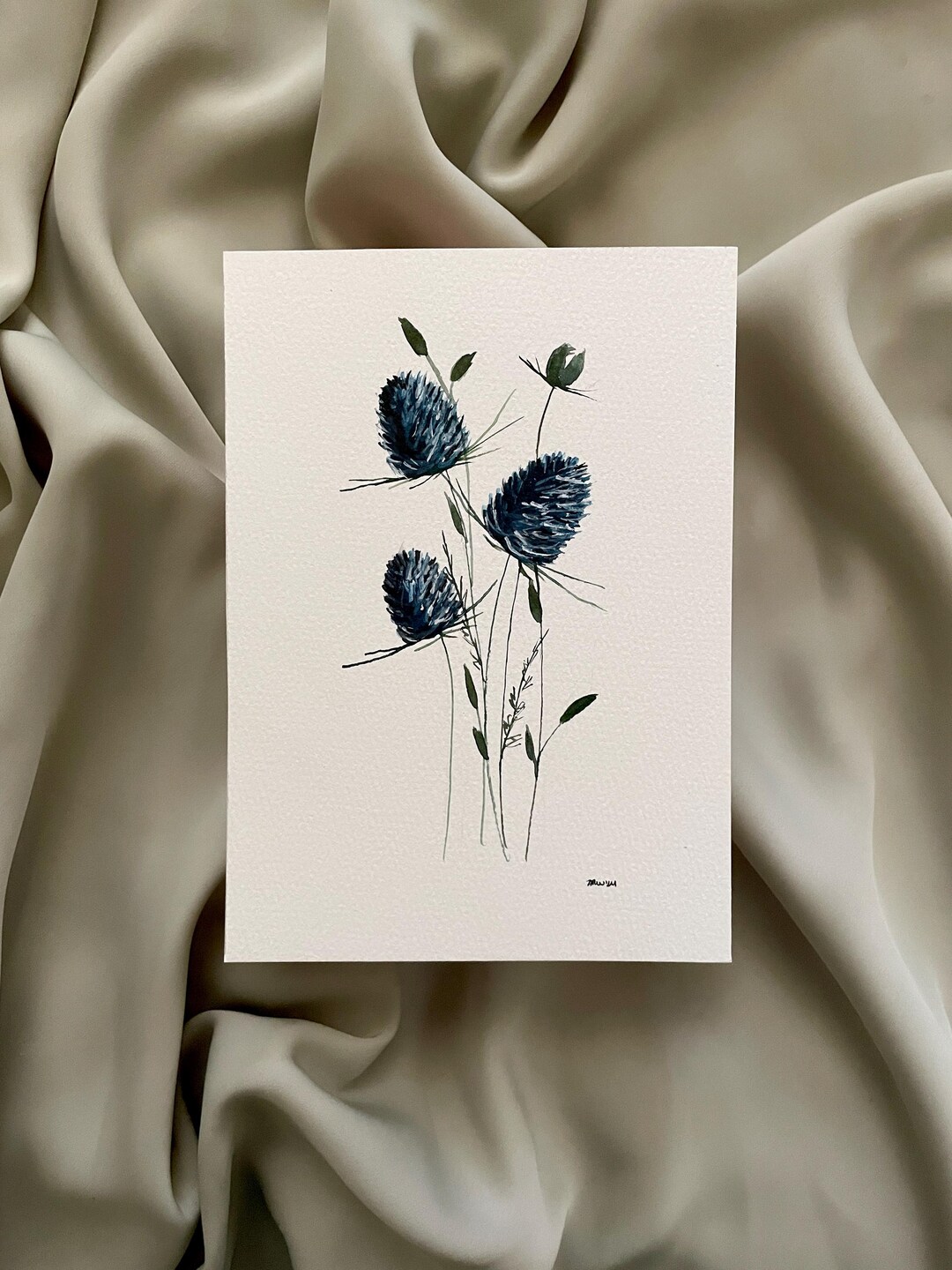 ORIGINAL 5x7 Watercolor Thistle Painting Blue Floral Art Framable ...