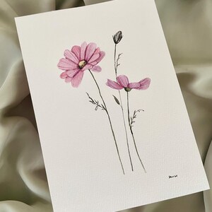 ORIGINAL 5x7 Cosmos Painting Pink Flower Art Botanical Illustration ...