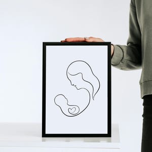 Minimalist Mother Baby Line Art Print, Black and White Maternal Infant ...