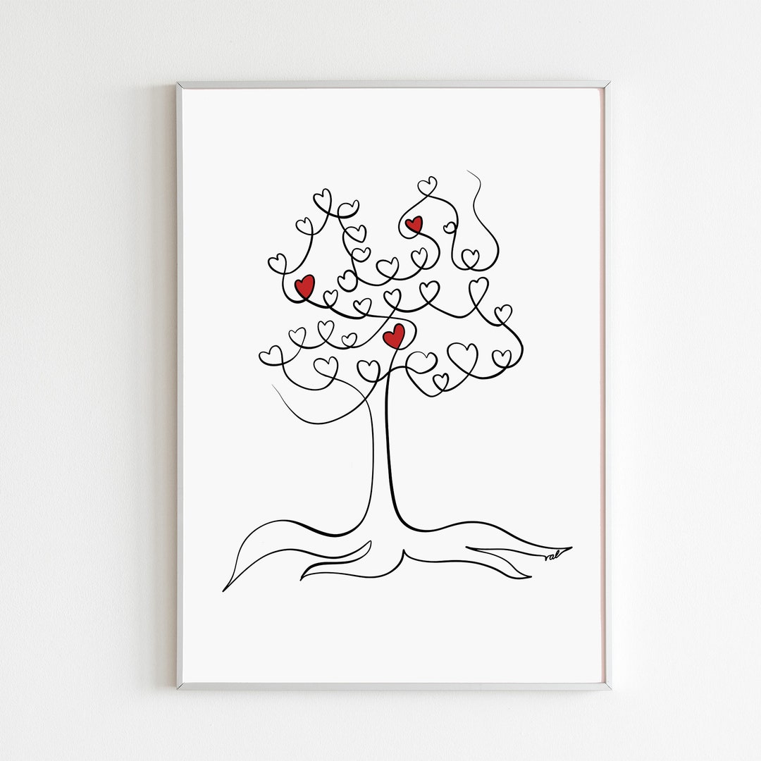 Tree of Love Art Print, Heart Leaf Line Drawing Printable, One ...