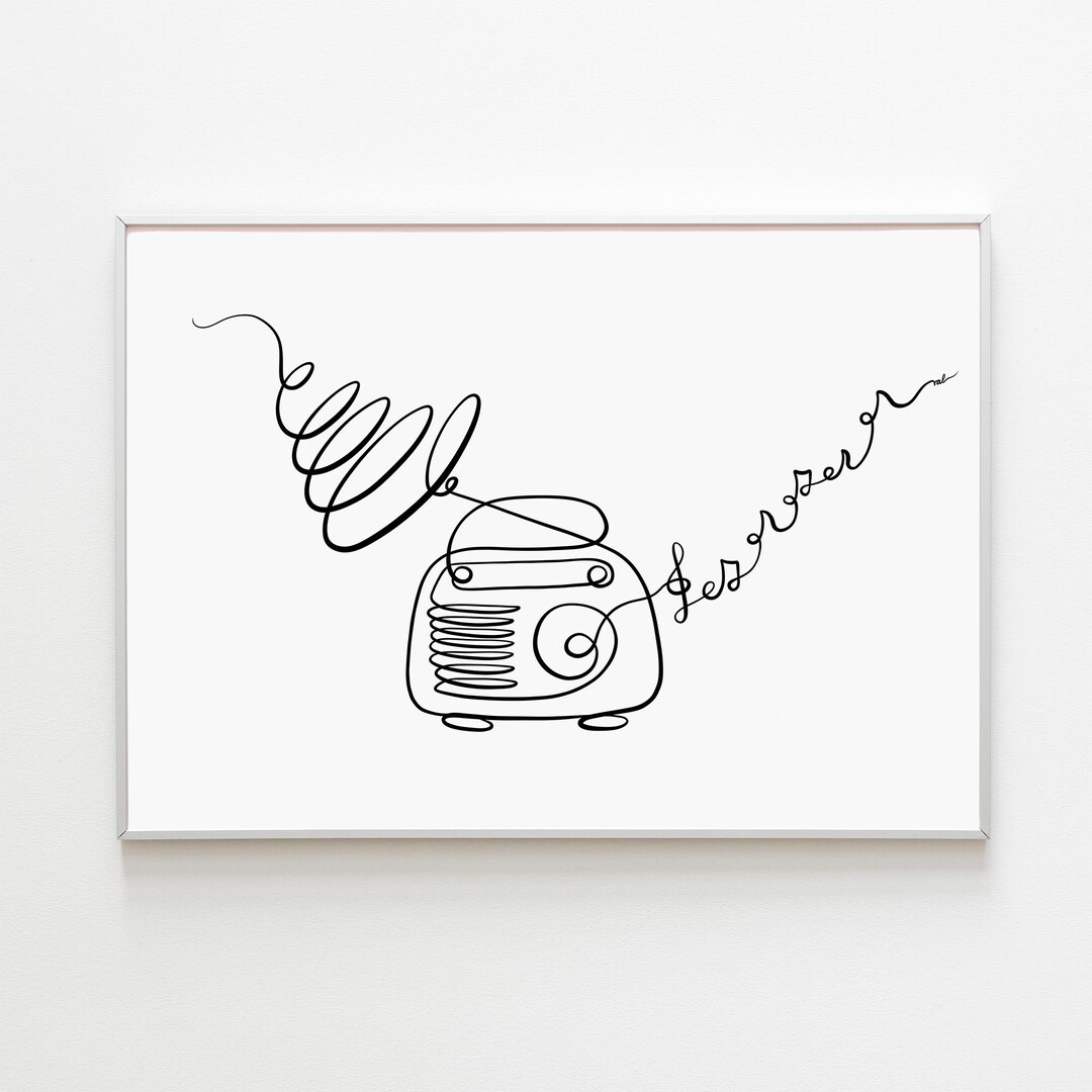 Vintage Radio One Line Art Print, Minimalist Music Room Wall Decor ...
