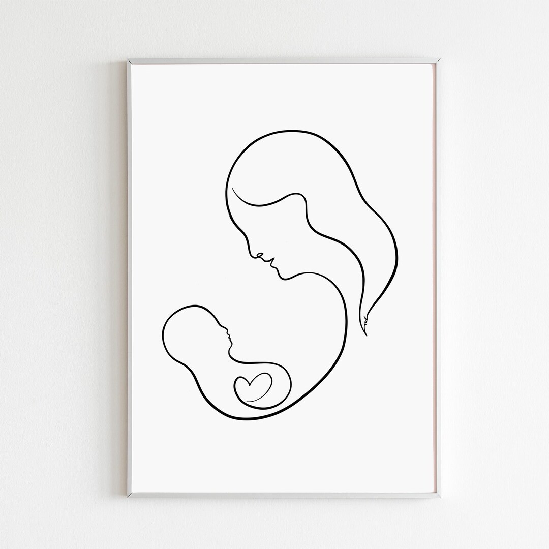 Minimalist Mother Baby Line Art Print, Black and White Maternal Infant ...