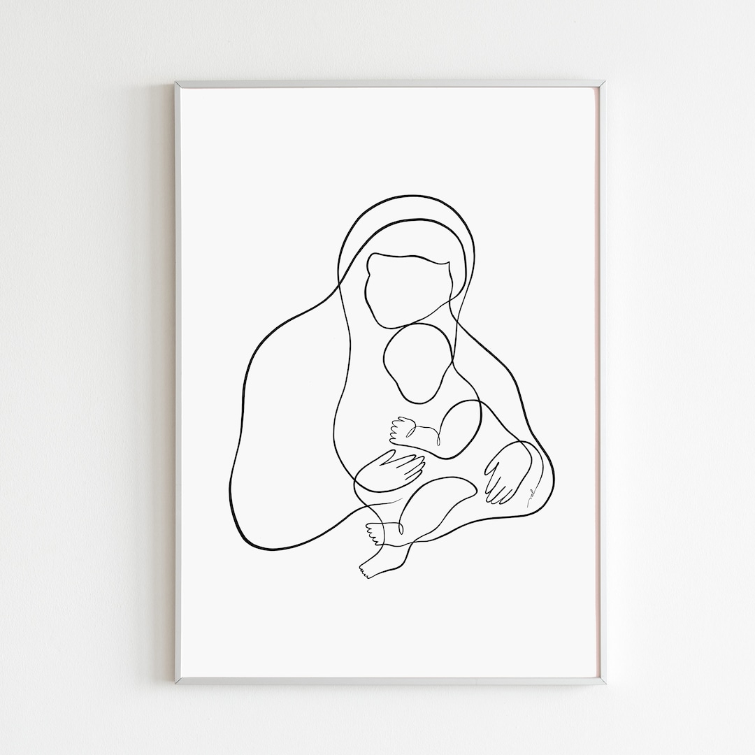 Mother Mary Print, Virgin Mary and Baby Jesus Art, Christian Line Art ...