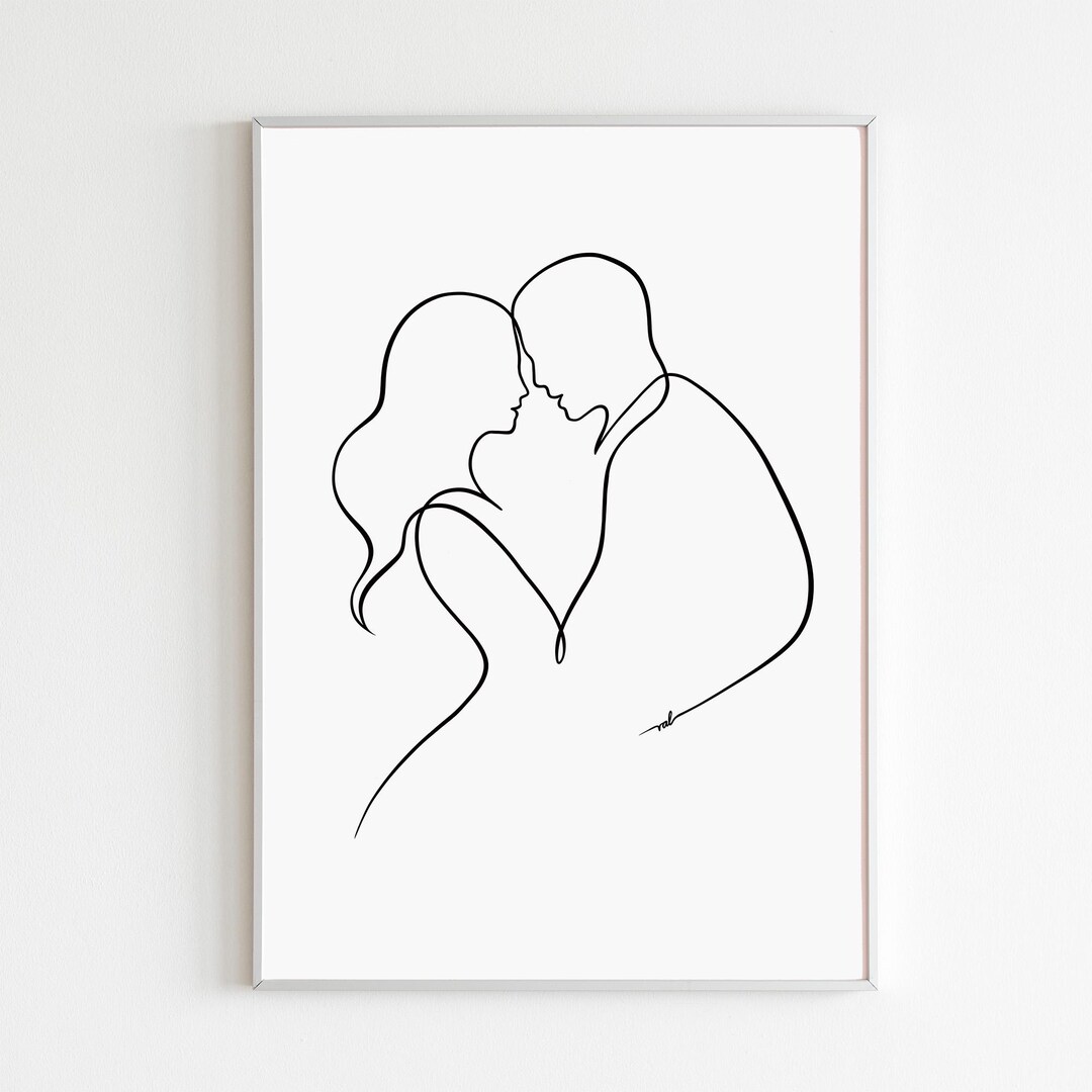 Minimalist Couple Line Art Print, Romantic Lovers Bedroom Wall Decor ...