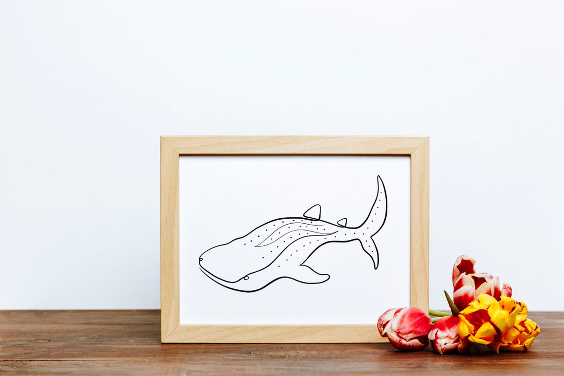 Whale Shark Line Art Printable, Minimalist Marine Life Drawing, Modern ...