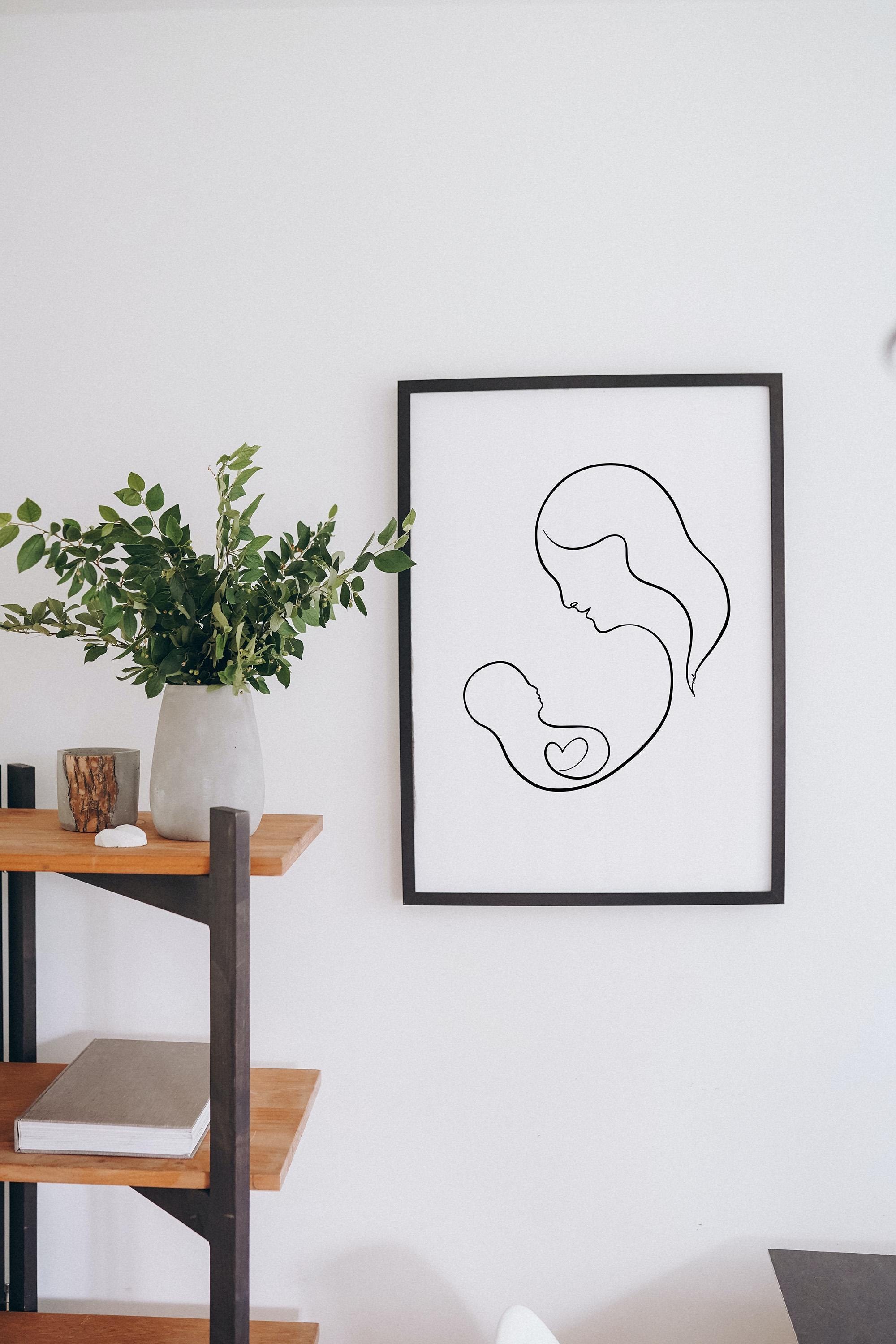 Minimalist Mother Baby Line Art Print, Black and White Maternal Infant ...