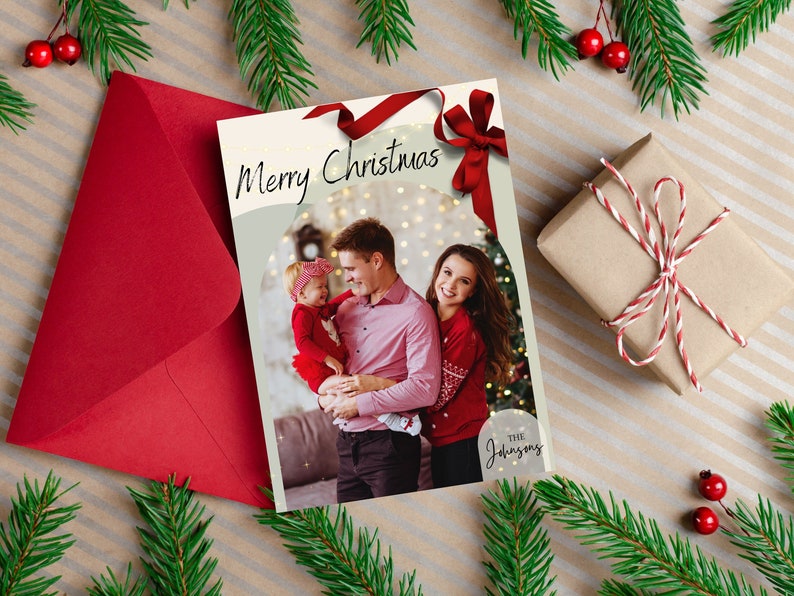 Neutral Toned Christmas Card, Christmas Card Template, Green and Red ...