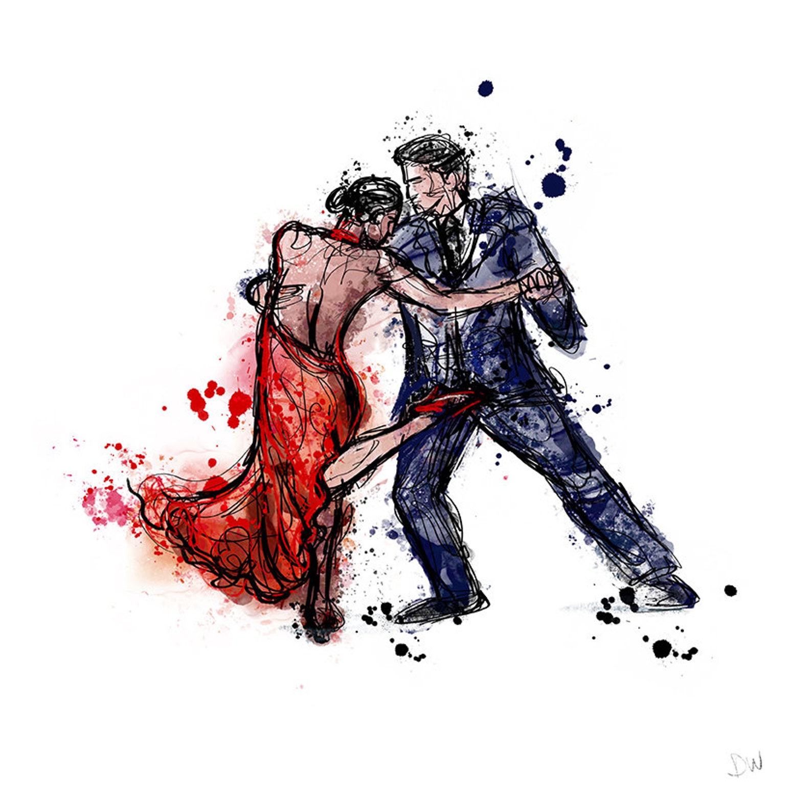 Tango Dancing Painting - Woman in Tango Dress Dances With Tango Dancer ...